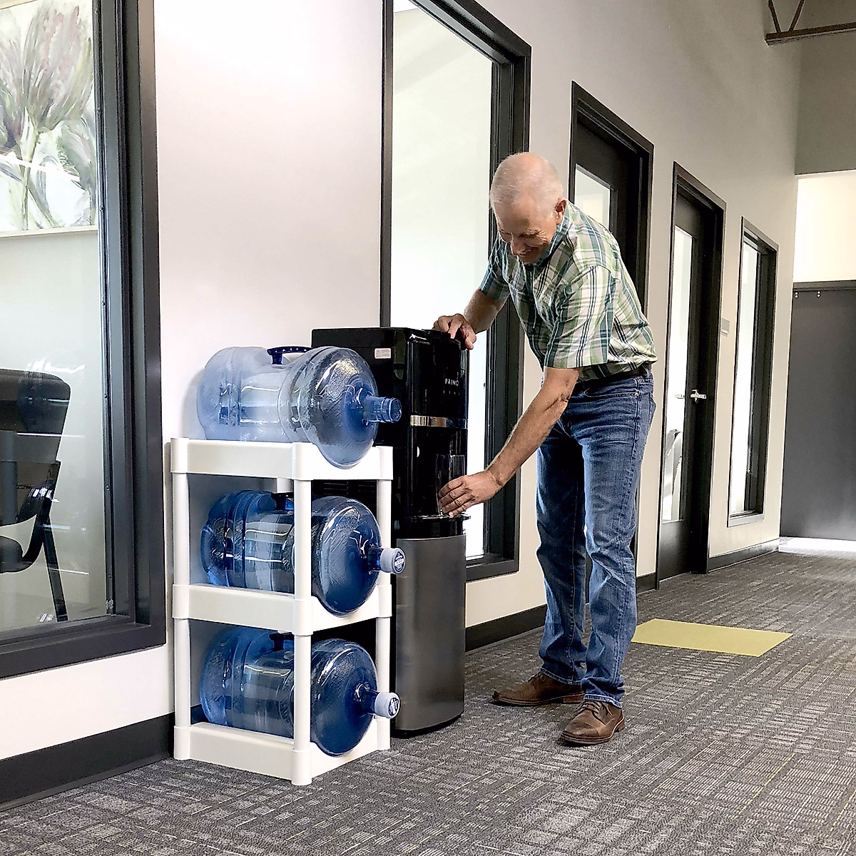 Bottle Buddy Water Racks - 3 and 5 Gallon Bottles - 3-Tray Jug Storage System - Floor Protector for Drips - Free-Standing Organizer for Home, Office, Kitchen, Warehouse - Grey