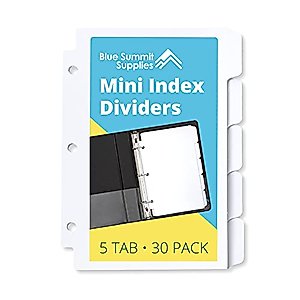 Blue Summit Supplies 5 Tab Mini Tab Dividers, White, 5 Mini Binder Dividers with 3 Hole Punch, for Notebooks and 3 Ring Binders, 5.5 x 8.5 Inches, Heavy Duty Paper, Set of 6, 30 Dividers