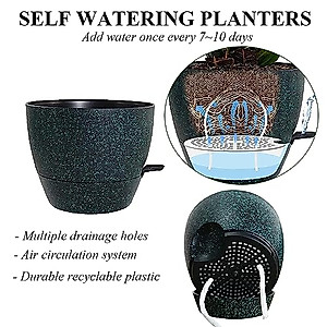 Self Watering Hanging Planters & Macrame Plant Hangers Plastic Flower Pots with Cotton Rope Hanging Baskets for Indoor Outdoor Boho Home Decor Black Green Speckled Set of 3