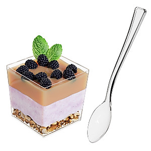 Exquisite Mini Dessert Cups with Spoons 200 Pcs - 3.6 Oz Square Dessert Cups With Tasting Spoons 100 Sets | Mini Parfait Cups | Appetizer Cups For Party | Plastic Dessert Cups