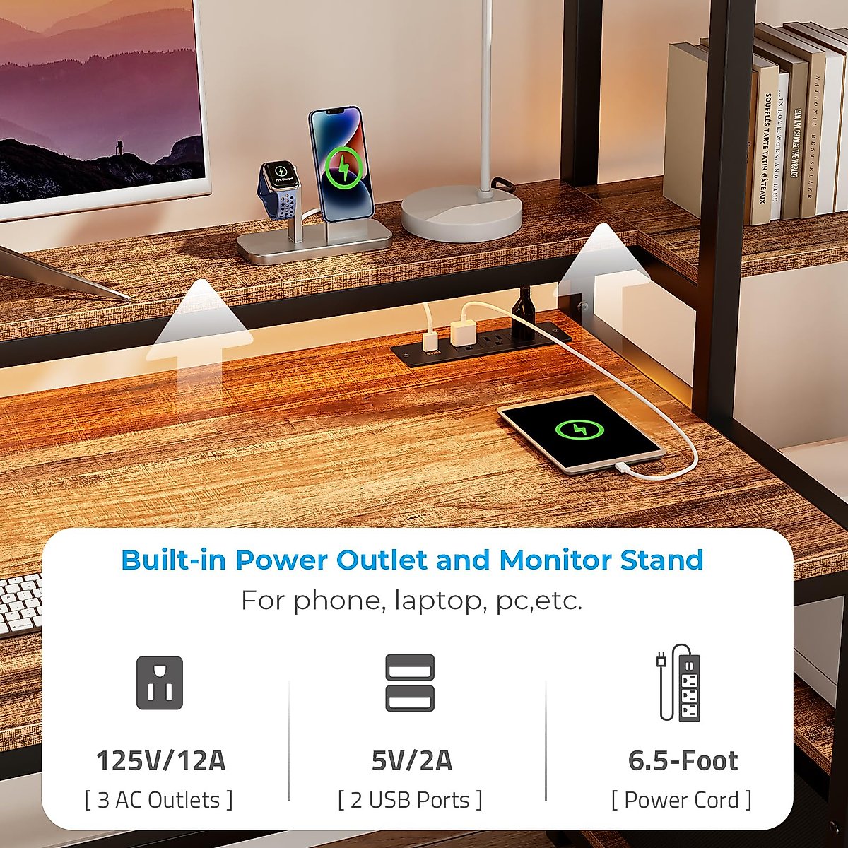 GreenForest Office Desk with Power Outlets and Printer Shelf, 68.8 inch Computer Desk with LED and Drawer, Reversible Gaming Desk with Storage for Home Study Working,Walnut