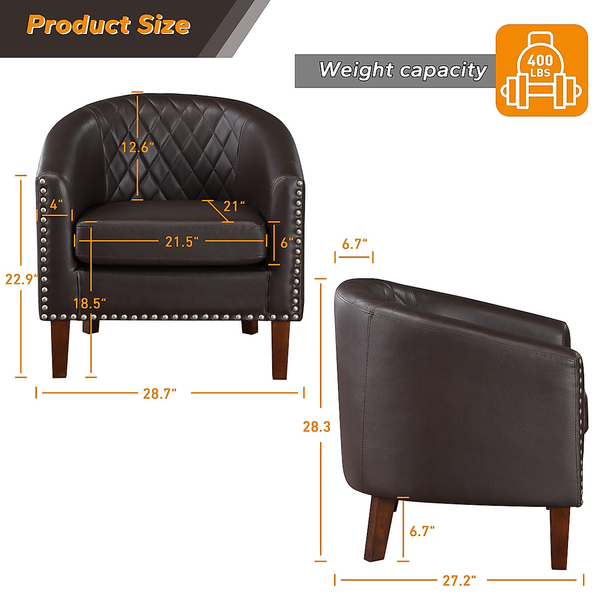 Prilinex Comfy Barrel Accent Chair Set of 2 - Faux Leather Living Room Chair Club Chair with Cushion, Diamond Grid Backrest & Nailhead Trim, Guest Chair for Office, Bedroom & Waiting Room, Brown