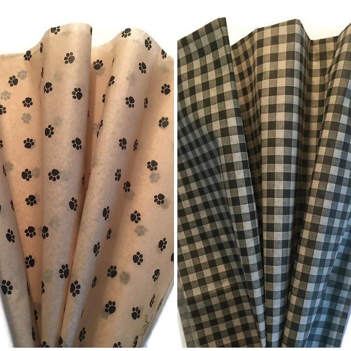 Rustic Pearl Collection Printed Tissue Paper for Gift Wrapping TWO PATTERN BUNDLE: Dog Paw Print/Black & Tan Gingham Check Tissue Paper, 24 Large Sheets, 20x30