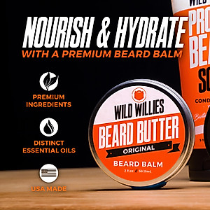 Premium Beard Balm Leave-in Conditioner by Wild Willies - Natural, Organic Ingredients & Essential Oils Promote Fast Beard Growth, Removes Itch & Dandruff - Beard Butter Restores Moisture - 2 Oz
