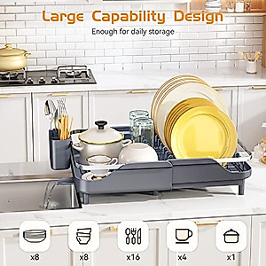 PXRACK Dish Drying Rack,Expandable(11.5"-19.3") Dish Racks for Kitchen Counter, Dish Rack and Drainboard Set, Dish Drainer with Utensil Holder for Kitchen Sink Organization Storage, Grey