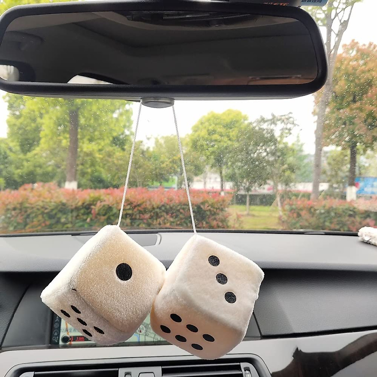 [4 DICE 2 Pack] Retro Hanging Dice for Car Mirror Black and White (Nostalgic 80’s Fuzzy Car Dice for Mirror) Plush Car Accessories (Set of 2)