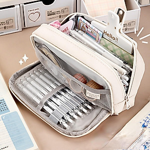 Ecqizer Large Pencil Case for Adults Aesthetic Cute Pencil Pouch With Zipper Preppy Pen Bag for SchooGirl, Travel Toiletry Cosmetic Makeup Bag Women (Cream)