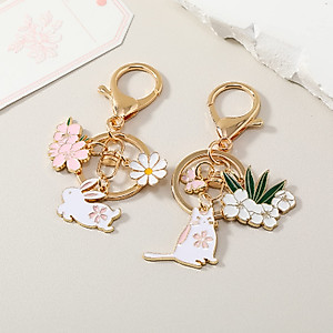 HEYU Cute Keychain for Girls 2PCS Kawaii Aesthetic Accessory Key Chain For Women Cartoon Airpod Backpack Charm Keyring Gifts (Pink Rabbit Cat)