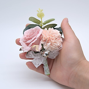 ETERNAL ANGEL Boutonniere and Corsage Wristlet Bracelet Set with Pink Artificial Rose Eucalyptus Leaves for Groom Bride Groomsmen Bridesmaids Best Men at Wedding Party Prom