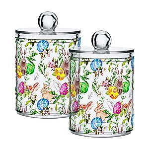 senya Clear Plastic Jars Cotton Swabs Cans, Easter Bunny Eggs in Grass Flowers Bathroom Canisters Storage Organizer with Lids 2PCs Set for Cotton Ball, Cotton Swab, flossers, Hair Bands