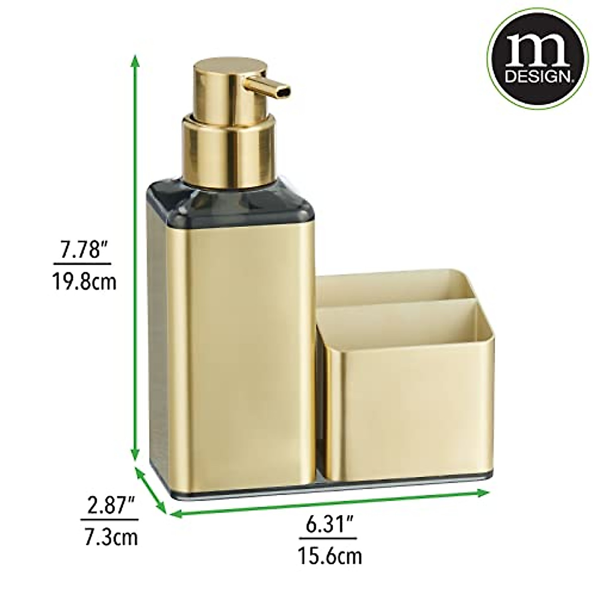mDesign Modern Aluminum Kitchen Sink Countertop Liquid Hand Soap Dispenser Pump Bottle Caddy with Storage Compartments - Holds and Stores Sponges, Scrubbers and Brushes - Soft Brass Finish