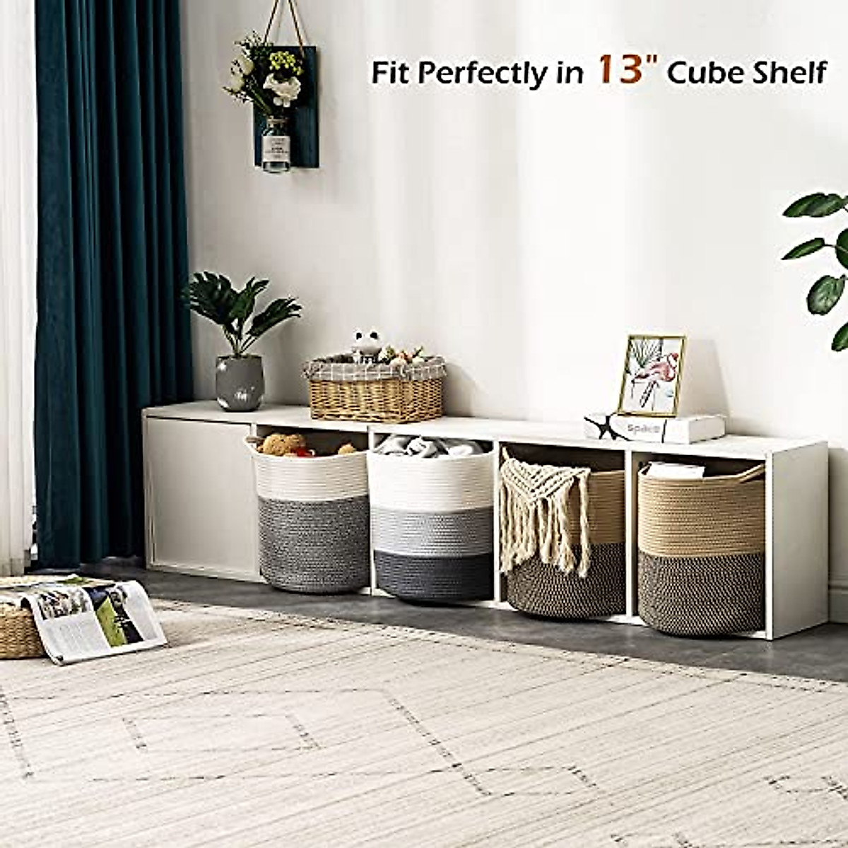 YOUDENOVA Cotton Rope Cube Storage Baskets, 13x13 Round Woven Baskets 4 Pack, Grey & Black Bundles