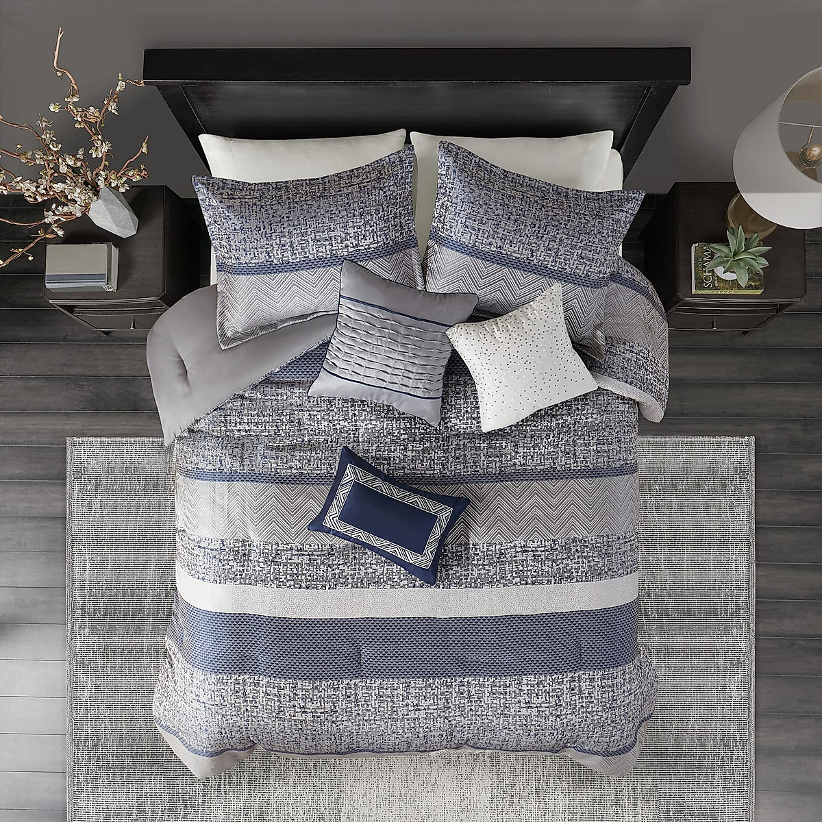 Madison Park Luxury Comforter Set-Traditional Jacquard Design All Season Down Alternative Bedding, Matching Bedskirt, Decorative Pillows, Queen(90"x90"), Rhapsody, Geometric Navy 7 Piece