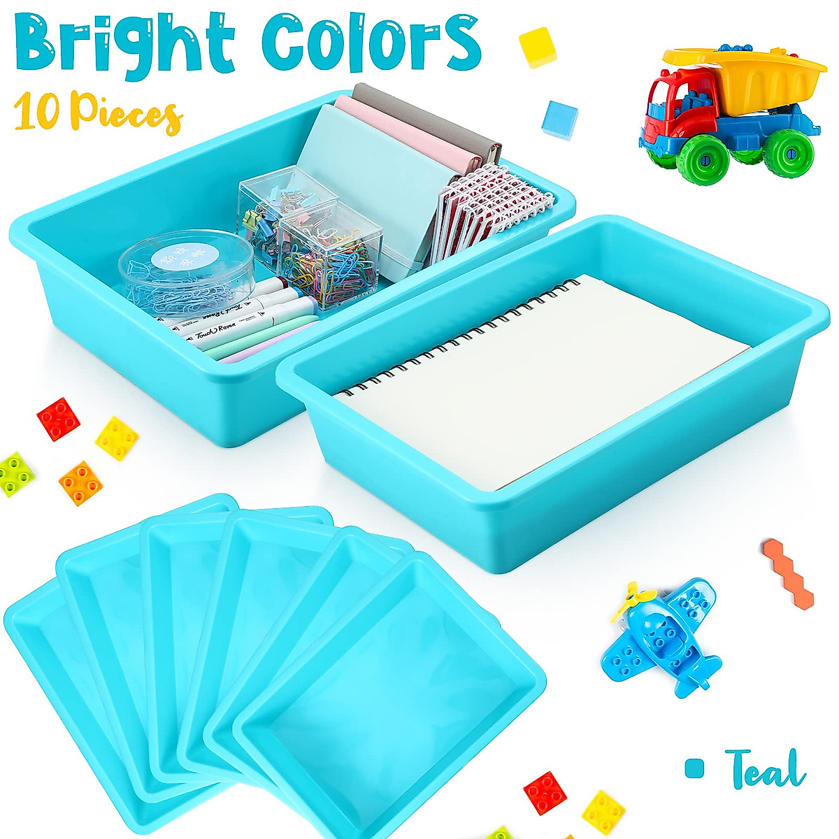 Kigley 10 Pcs Flat Storage Tray Organizer Bin Letter Size Paper Trays for Classroom Art Activity Plastic Stackable File Paper Organizer for Teacher Students School Office Book Organization