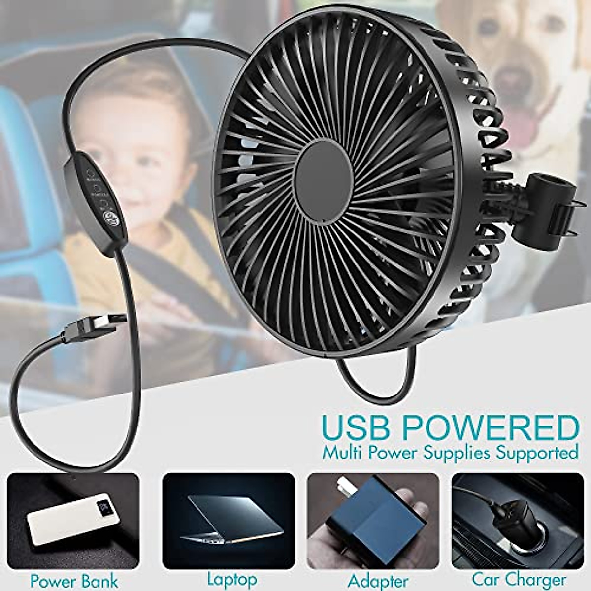 YONHISDAT Car Fan for Backseat, 6-inch USB Powered Car Seat Fan, 3 Speeds & 360° Rotatable, Powerful Air Circulation Fan with Adjustable Holder for Vehicles Like Sedan, SUV, RV, Pickup