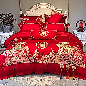 Wedding Cotton Satin Jacquard Four-Piece Set Chinese Dragon and Phoenix Embroidery Duvet Cover Wedding Bedding (Color : Red 10-Piece Suit, Size : 2m) (Red 6 Piece Suit)