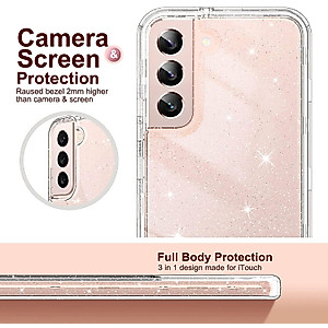 KIOMY Clear Shockproof Case for Samsung Galaxy S22 with 2 Packs Tempered Glass Screen Protectors, 3 Layers in 1 Full Body Protection Hard PC Back and Front Cover + TPU Bumper Glitter Sparkle Sparkly