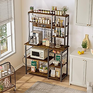SUPERJARE Large Bakers Rack with Power Outlets, 6-Tier Microwave Stand, Coffee Bar with 12 S-Shaped Hooks, Kitchen Shelf with Wire Basket, 39.3 x 15.5 x 66.9 Inches, Rustic Brown