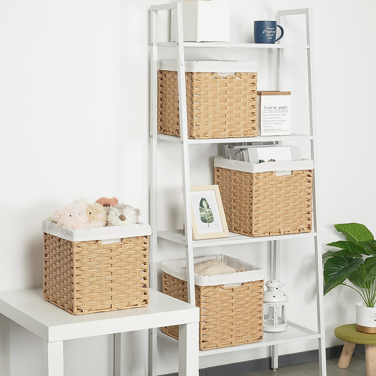 Bidtakay Wicker Storage Baskets with Liners 11x11 Storage Cube Bins with Handles Imitation Water Hyacinth 4-Pack Waterproof Woven Storage Baskets for Organizing Rattan Baskets Organizer-Natural