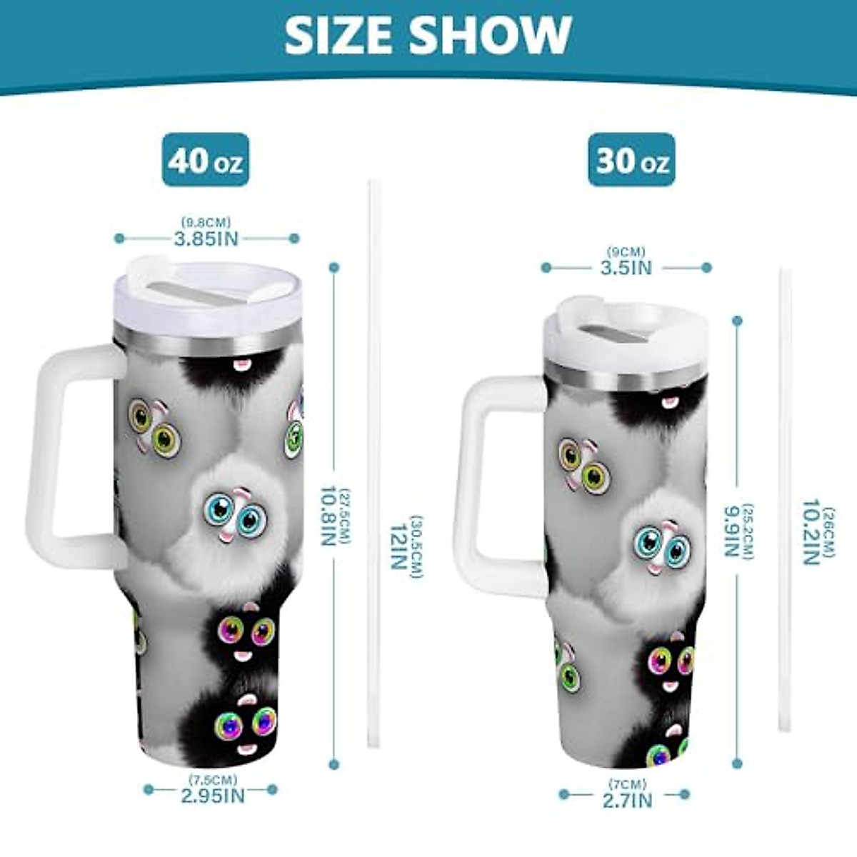 RPLIFE Cute Fun Vivid Black White Creatures 40 Oz Tumbler with Handle, 30 Oz Tumbler with Handle, Travel Coffee Tumbler