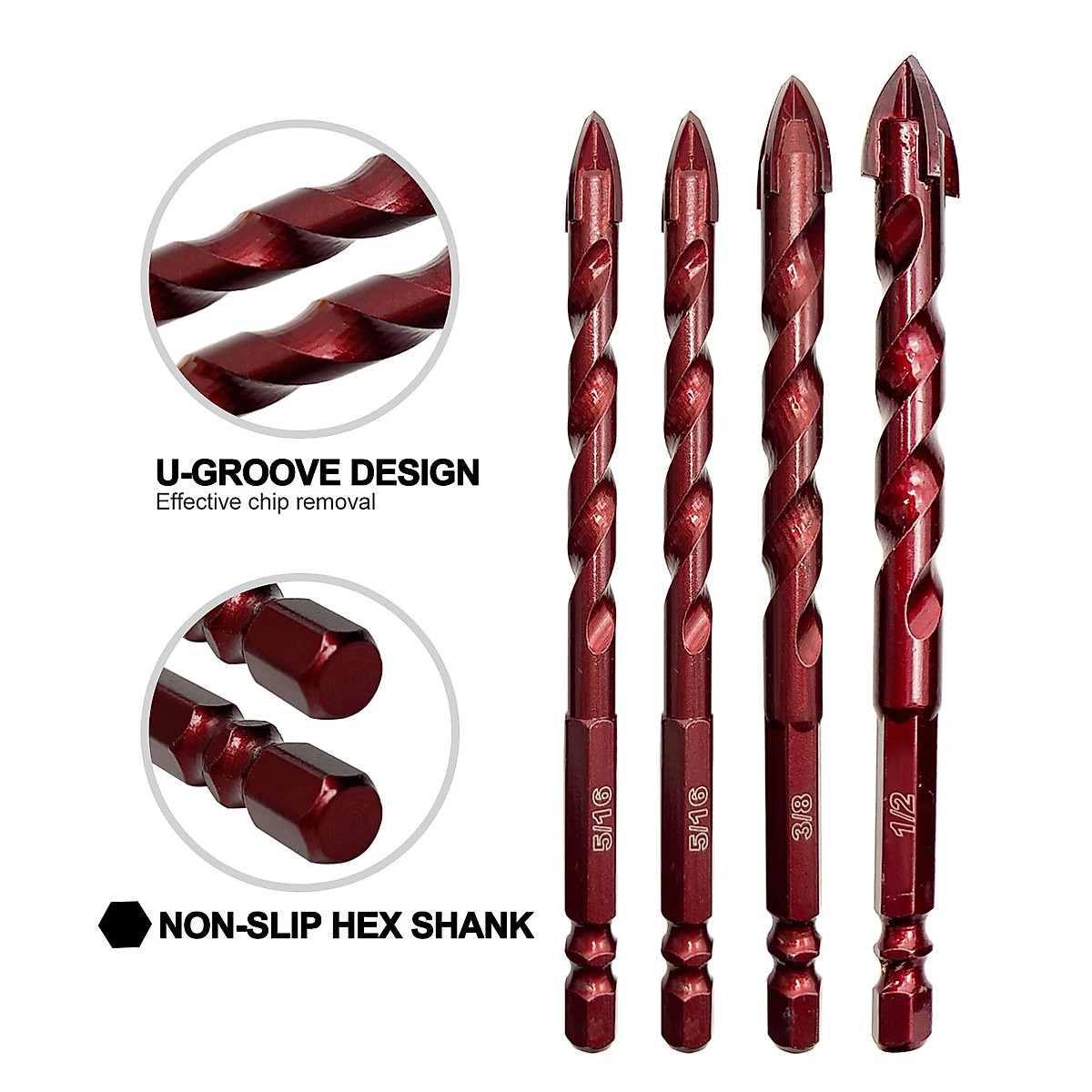 FEWELL Masonry Drill Bits 10 Pcs, Concrete Drill Bit Set Size 1/8" to 1/2", Professional High Cobalt Drill Bit Set for Tile Glass/Metal Brick Concrete Ceramic Plastic Wood