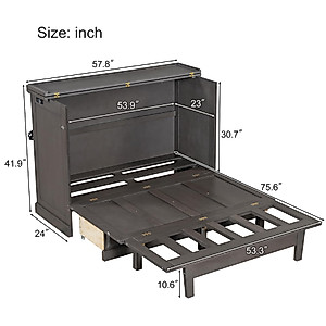 Tdewlye Full Size Murphy Bed, Solid Pine Murphy Bed Chest Cube Cabinet Bed with Charging Station and Large Storage Drawer for Home Office Or Small Room (Gray-j)