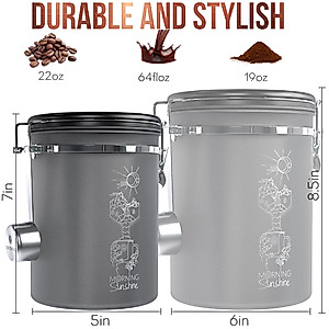 CafetastiQ 38oz / 22oz Coffee Canister – Airtight Stainless Steel Storage Container with Date Tracker & Scoop, Sealed Jar for Grounds, Beans, Tea, Flour, Cereal, and Sugar (Gray Home, 22OZ)