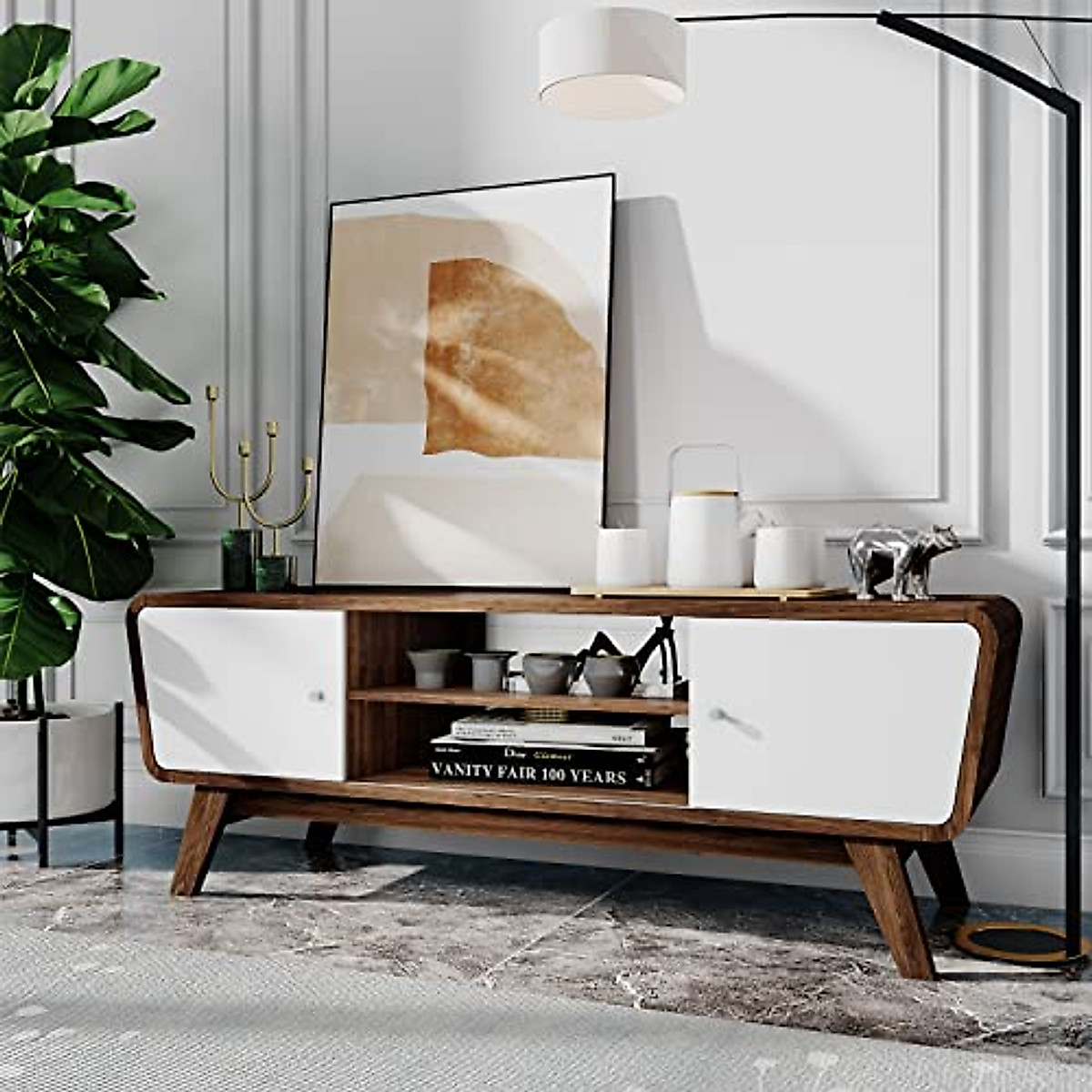 Tangkula Sliding Door TV Stand for TVs up to 55 Inch, Media Console Table with Adjustable Shelf & 2 Storage Cabinets, Modern Entertainment Center, Wooden TV Cabinet for Living Room (Walnut)