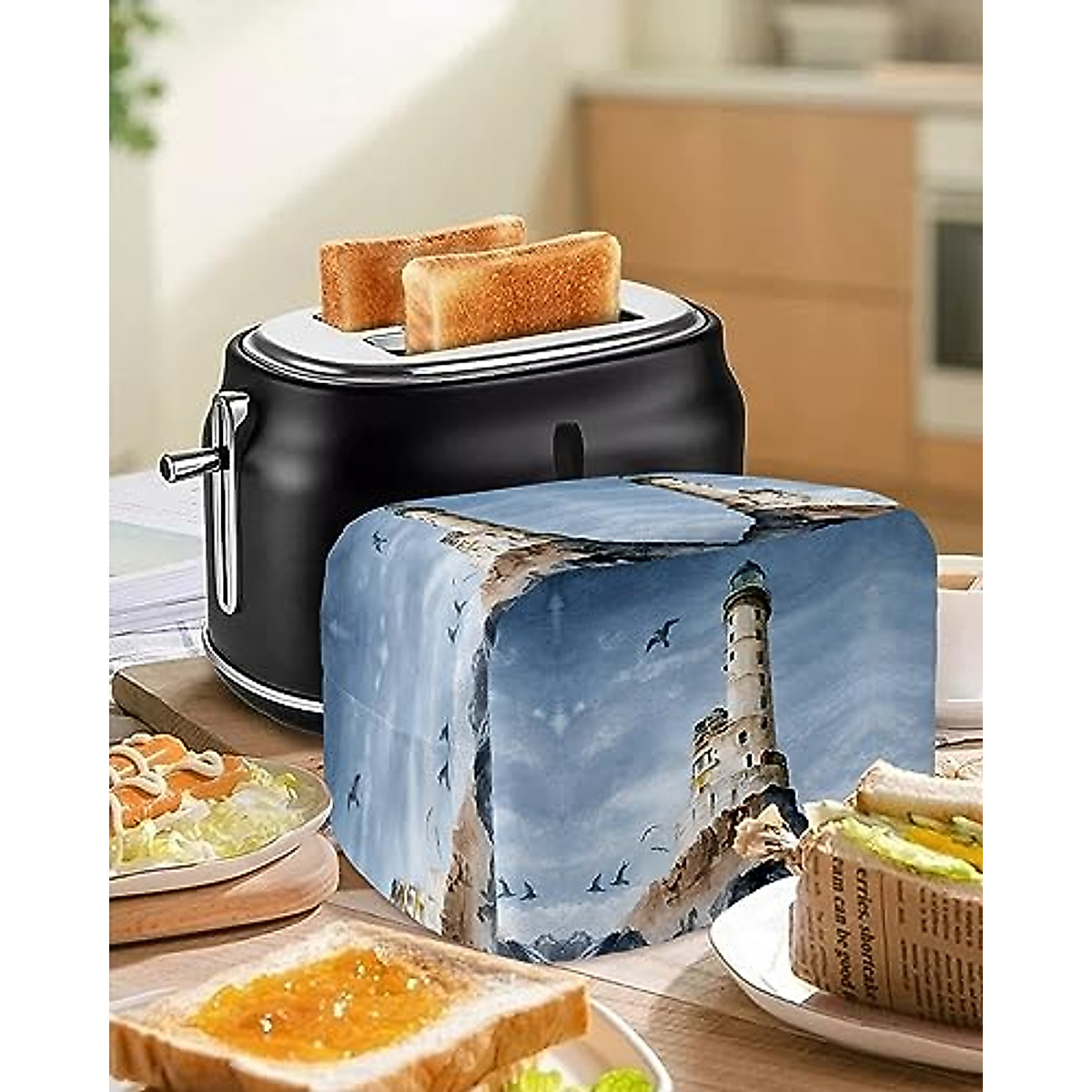4 Slice Toaster Cover, Bread Machine Cover Lighthouse on An Isolated IslCircling Seagulls Retro Kitchen Appliance Dust Cover with Top Handle Fingerprint Protection Lightweight Kitchen Toaster Cover