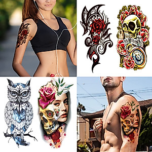 80 Sheets Temporary Tattoos Stickers, Fake Body Arm Chest Shoulder Tattoos for Men and Women, Halloween Temporary Tattoos Black Fake Skull Skeleton Tattoos for Halloween Cosplay