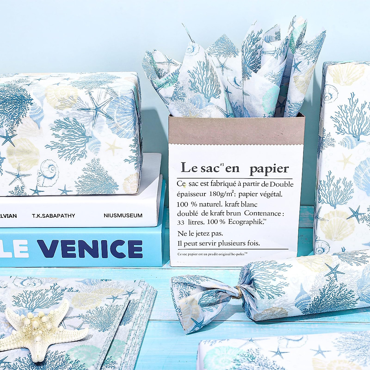 Whaline 100 Sheets Ocean Tissue Paper Sea Shell Starfish Gift Wrapping Paper Coastal Beach DIY Art Craft Tissue Paper for Summer Wedding Birthday Baby Shower Supplies, 13.7 x 19.6 Inch