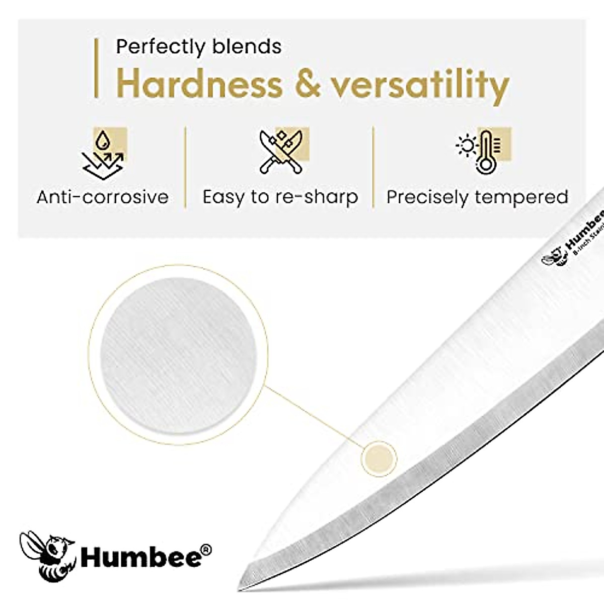 Humbee - Chef Knife 8 Inches - Stainless High Carbon Steel Full Tang Blade for Pro and Personal Use Ergonomic Handle Comfortable Grip