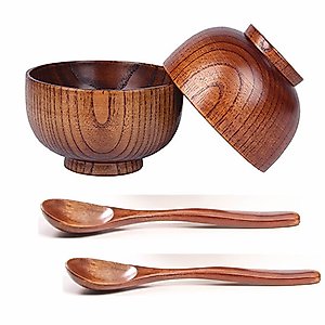 ORYOUGO 4 Pieces Wooden Handmade Bowl and Spoon for for Rice Miso Serving Home Kitchen Tableware