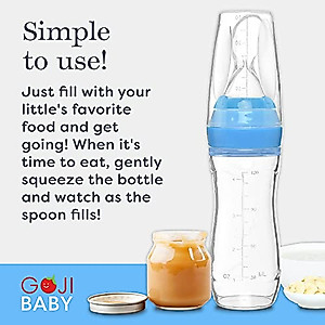 Goji Baby - 4 oz Silicone Baby Food Dispensing Spoon - 4 Pack - Great for 4+ Month Infants - Includes Stopper - Easy to Use and Mess-Free - Precise Food-Release Feeder - Great for Travel (Blue)