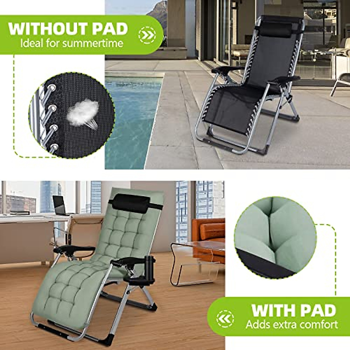 Polar Aurora Zero Gravity Chair, Outdoor Adjustable Padded Lounge Chairs with Detachable Cushion, Removable Headrest and Cup Holder, Premium Durable Folding Portable Recliner Supports Over 330 LBS