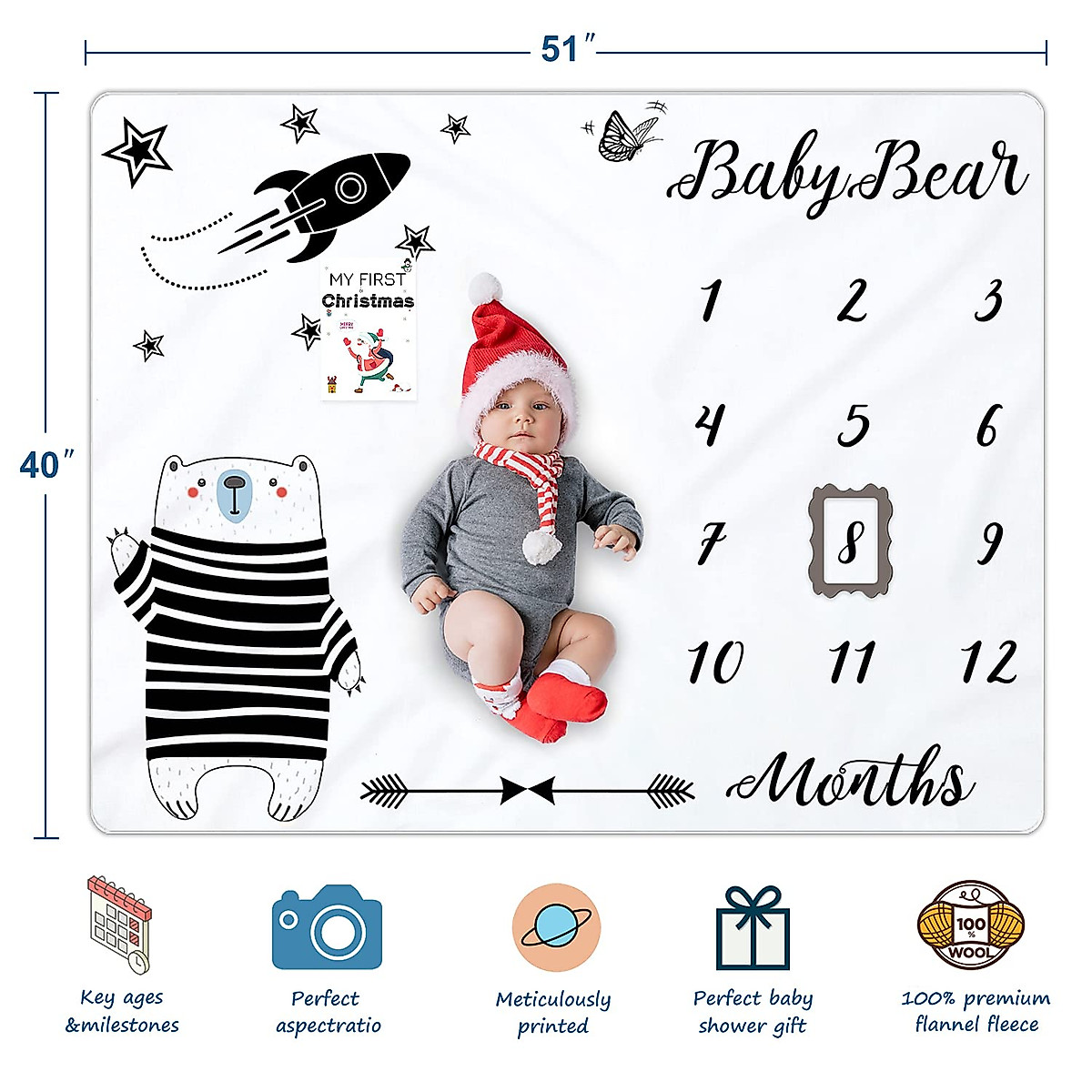 Kmivo Baby Milestone Blanket, Baby Monthly Milestone Blanket for Baby Boy Soft Large Blanket for Newborn to 12 Months with Milestone Marker & Cards (Baby Bear /40”x 51”)