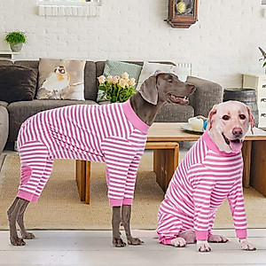 Large Dogs Pajamas, Stripes Cotton Stretchable Dog Jumpsuit, 4 Legs Lightweight Dog Onesie Pjs Clothes Apparel with Zipper Closer and Elbow Pads, Full Coverage Large Breed Dogs Anti-Shedding Suit