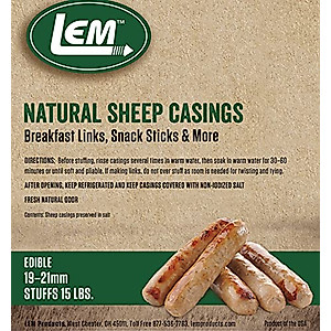 LEM Products Natural Sheep Casings, 19-21mm, Edible Sausage Casings, Stuffs Approximately 15 Pounds, Great for Snack Sticks, Breakfast Sausage Links, and More, 15 lbs of meat, - (Package May Vary)