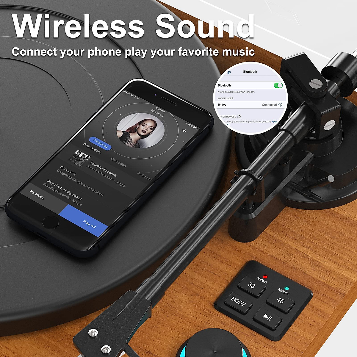 DIGITNOW Bluetooth Record Player for Vinyl with Speakers, Wireless Turntable with 36W High Fidelity Stereo Speakers,Wood Vinyl Player with Magnetic Cartridge & Adjustable Counter Weight,RCA output