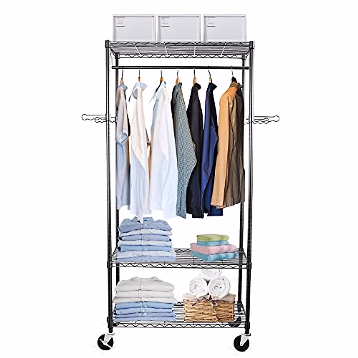 WDT Rolling Garment Rack with Wheels, Large Heavy Duty Clothing Rack with 3 Tier Shelves, Adjustable Metal Garment Closet Organizer Rack for Hanging Clothes, 35"L x 18"W x 74.4"H