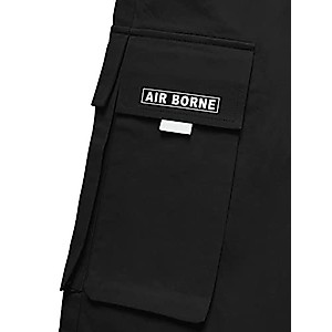 Romwe Men's Flap Pocket Drawstring Elastic Waist Letter Graphic Street Cargo Pants Black XL