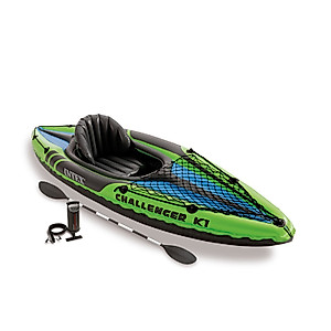 Intex Challenger K1 1 Person Inflatable Sporty Kayak with a 86 Inch Long Aluminum Oar and Hand Pump for Lakes and Mild Rivers, (3 Pack)