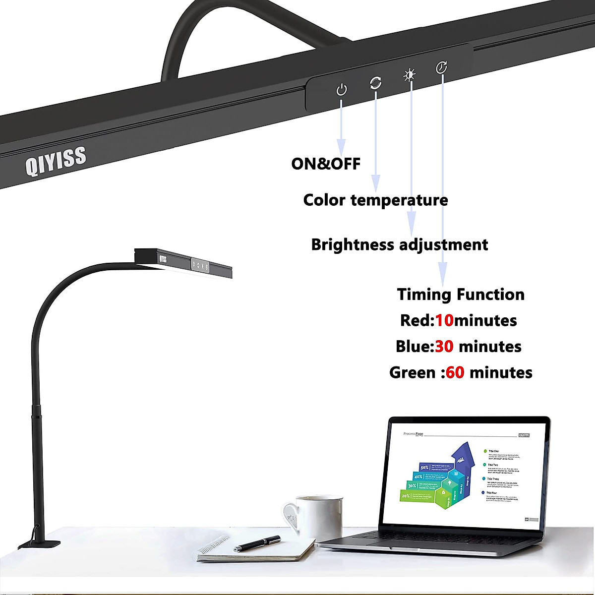 QIYISS LED Desk Lamp, Clamp Lamp with Flexible Gooseneck 360°Rotate,12W LED 3 Modes 5 Brightness, Timer，15.75" Wide Office Eye Protection Light 1100LM Large Bright Desk Lights with Stepless Dimming