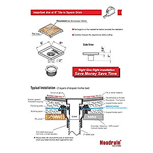 Neodrain 6-Inch Square Shower Drain with Removable Tile Insert Grate,Brushed 304 Stainless Steel, with Watermark&CUPC Certified, Includes Hair Strainer