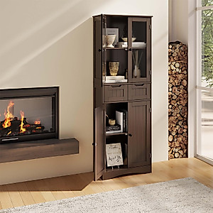 Gizoon 67" Tall Storage Cabinet, Freestanding Kitchen Pantry Cabinet with Glass Door & 2 Shelves & 2 Drawers, Stylish Linen Storage Cabinet for Home, Bathroom, Living Room, Office, Dark Brown