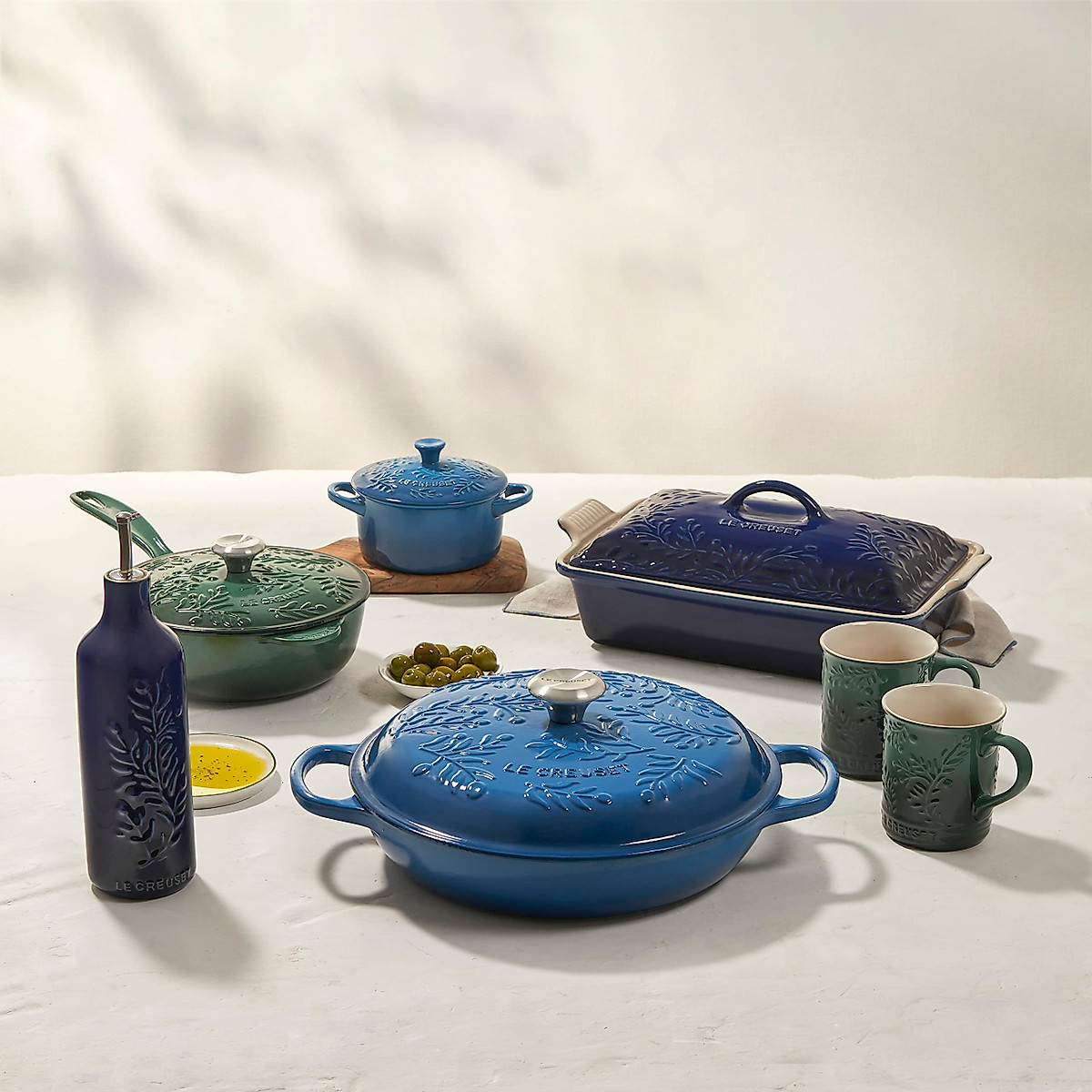 Le Creuset Olive Branch Collection Stoneware Mini Round Cocotte, 24 oz., Artichaut with Embossed Lid