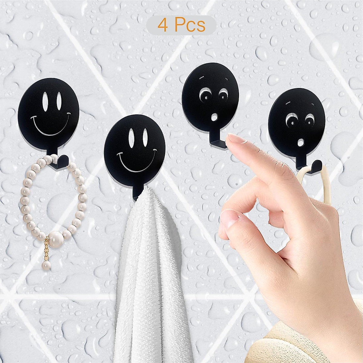 CatTerranM Self Adhesive Towel Hooks, Facial Emotion Wall Hangers, Metal Bath Towel Hanging Hooks, Black Metal Adhesive Wall Hooks for Bathroom Kitchen Keys Hats Coats Robes (4-Pack)