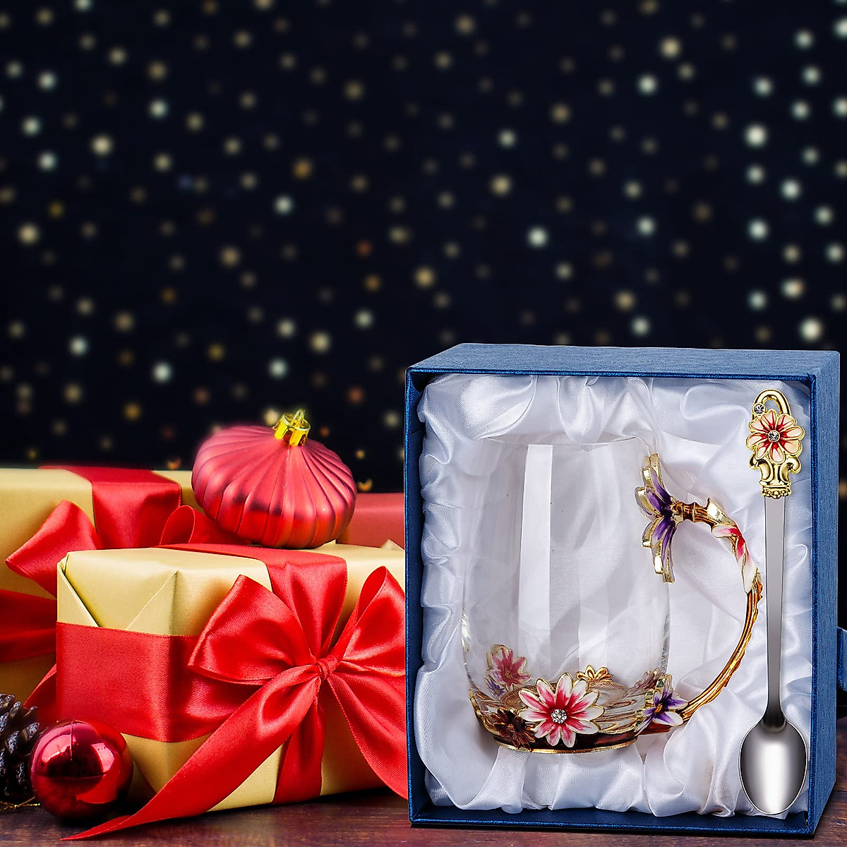 SHEEYEE Gift for Women Tea Cup with Spoon Enamel Daisy Flower Glass Teacup Tea Sets for Women Mother's Day Christmas Birthday Valentine's Day