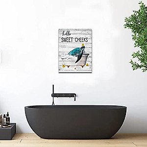 citari Sea Turtle Bathroom Wall Art Teal Sea Turtle Pictures Funny Sea Turtle in Bathtub Canvas Painting Print Artworks Coastal Beach Themed Ocean Animal Nautical Bathroom Decor Framed12''x16''