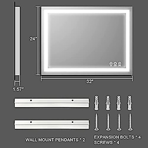 Butylux 32x24 inch Wall Mounted LED Bathroom Mirror with 3000K-6000K Dimmable, Anti-Fog, Lighted Bathroom Mirror with Smart Touch Button, Memory Function(Horizontal/Vertical)